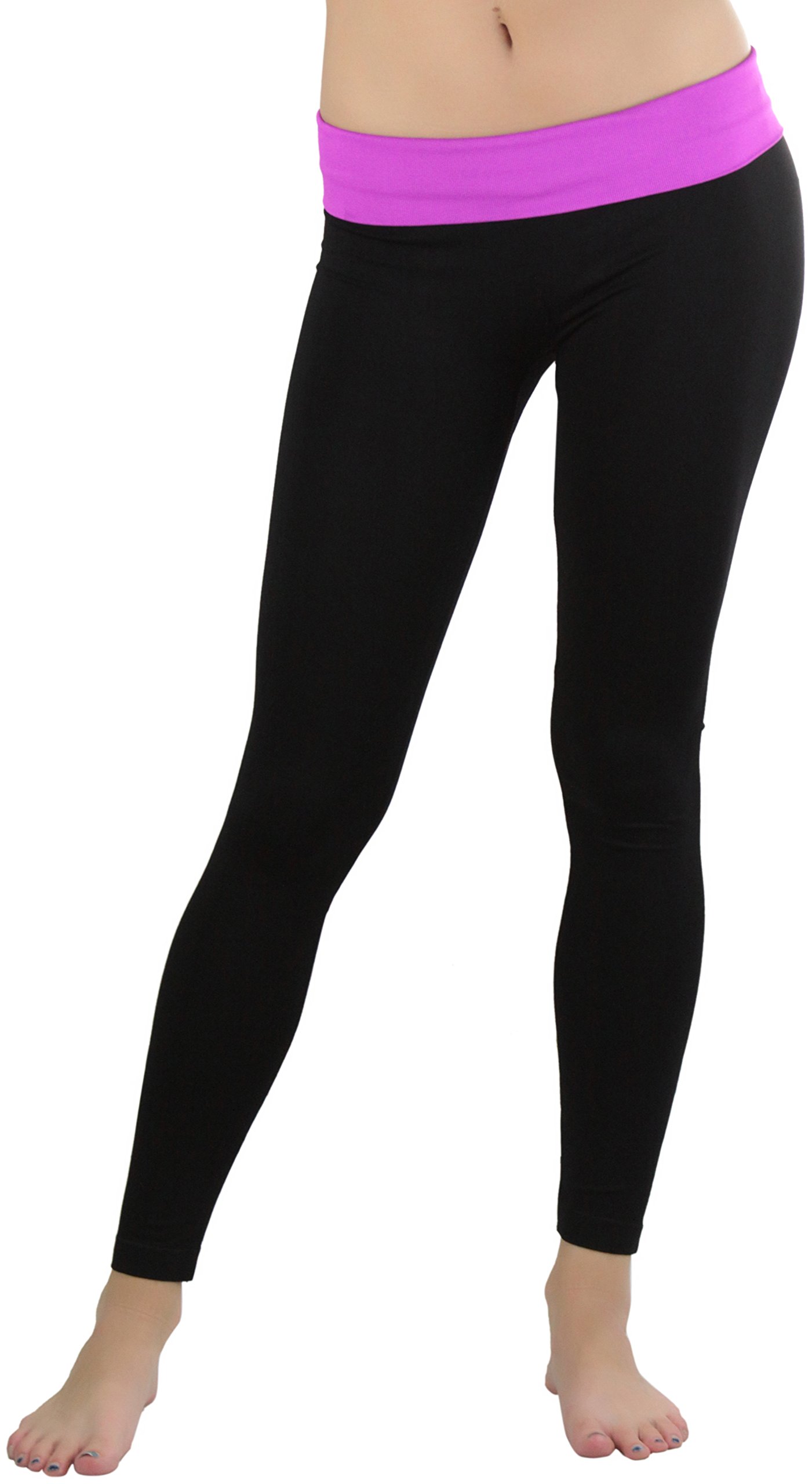 ToBeInStyle Women's Black Athletic Leggings with Fold-Over Contrast Waistband - Magenta