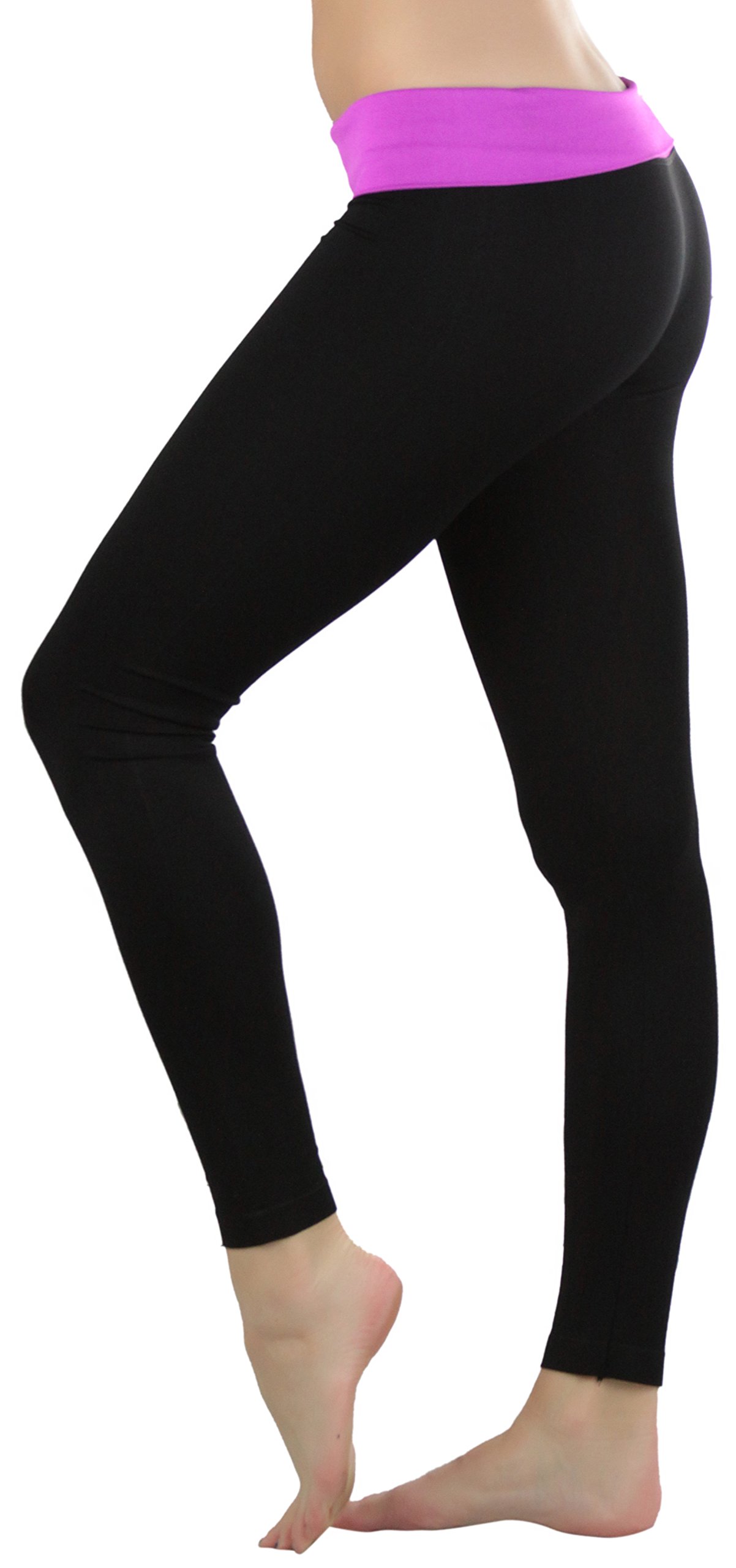 ToBeInStyle Women's Black Athletic Leggings with Fold-Over Contrast Waistband - Magenta