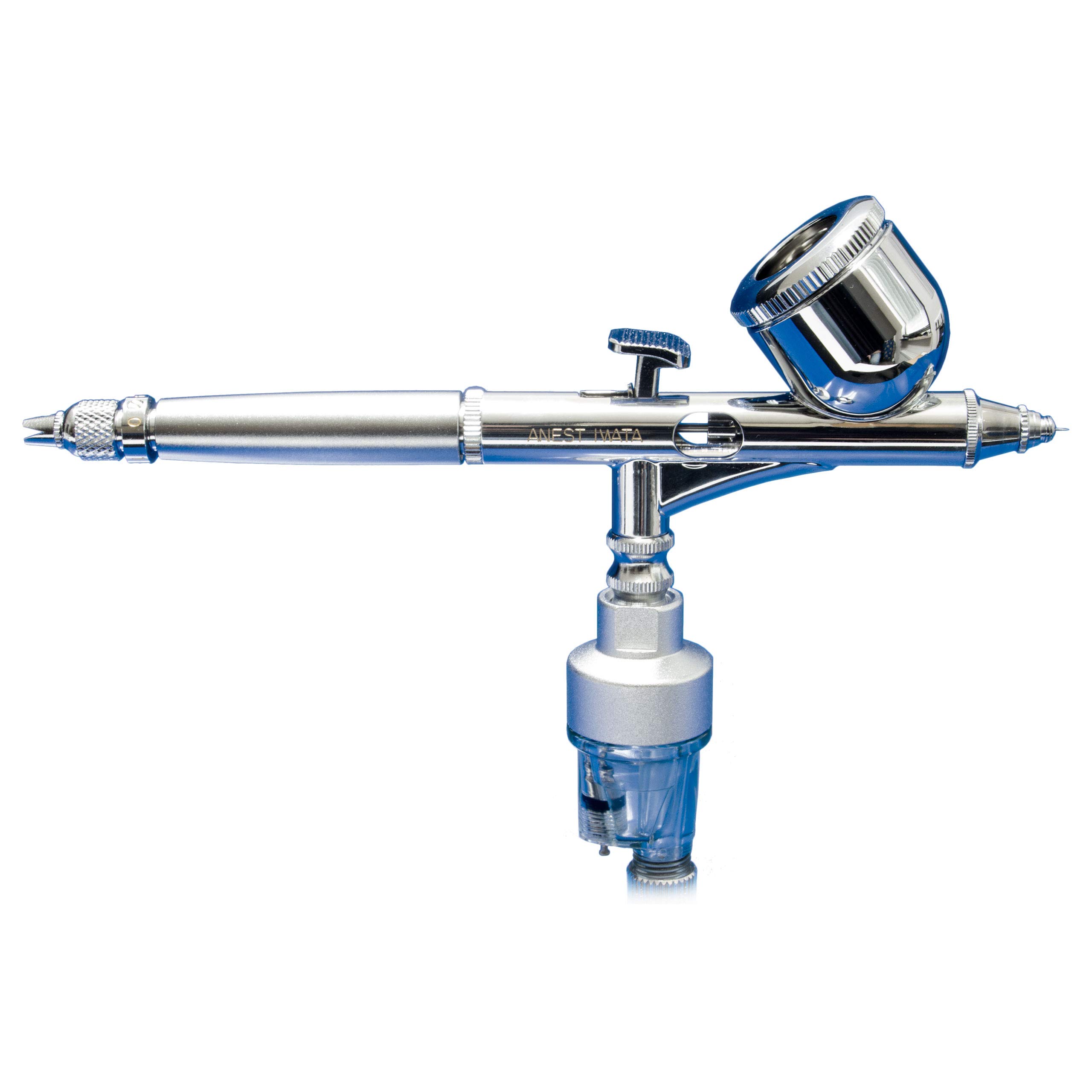 Custom Micron C Airbrush (ICM 4002) Version 2 by Iwata, Features a Square Shaped Trigger, Crown Cap Deck on End of Handle.23mm Needle and Nozzle, Silver
