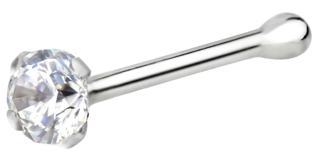 Forbidden Body Jewelry FBJ 14k White Gold Nose Ring, 22g, Solid 7mm Micro Stud, 2mm CZ Simulated Diamond, Non-Irritating Skin Safe Real Gold, Women/Men (Sold Individually)