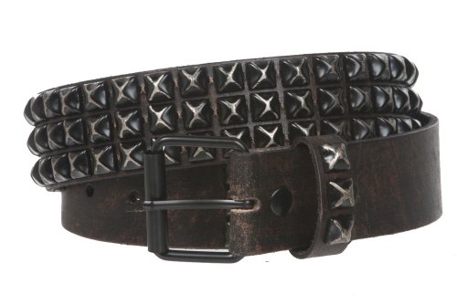 Snap On 1 3/4" Three Row Punk Rock Star Distressed Black Studded Leather Belt, 36"
