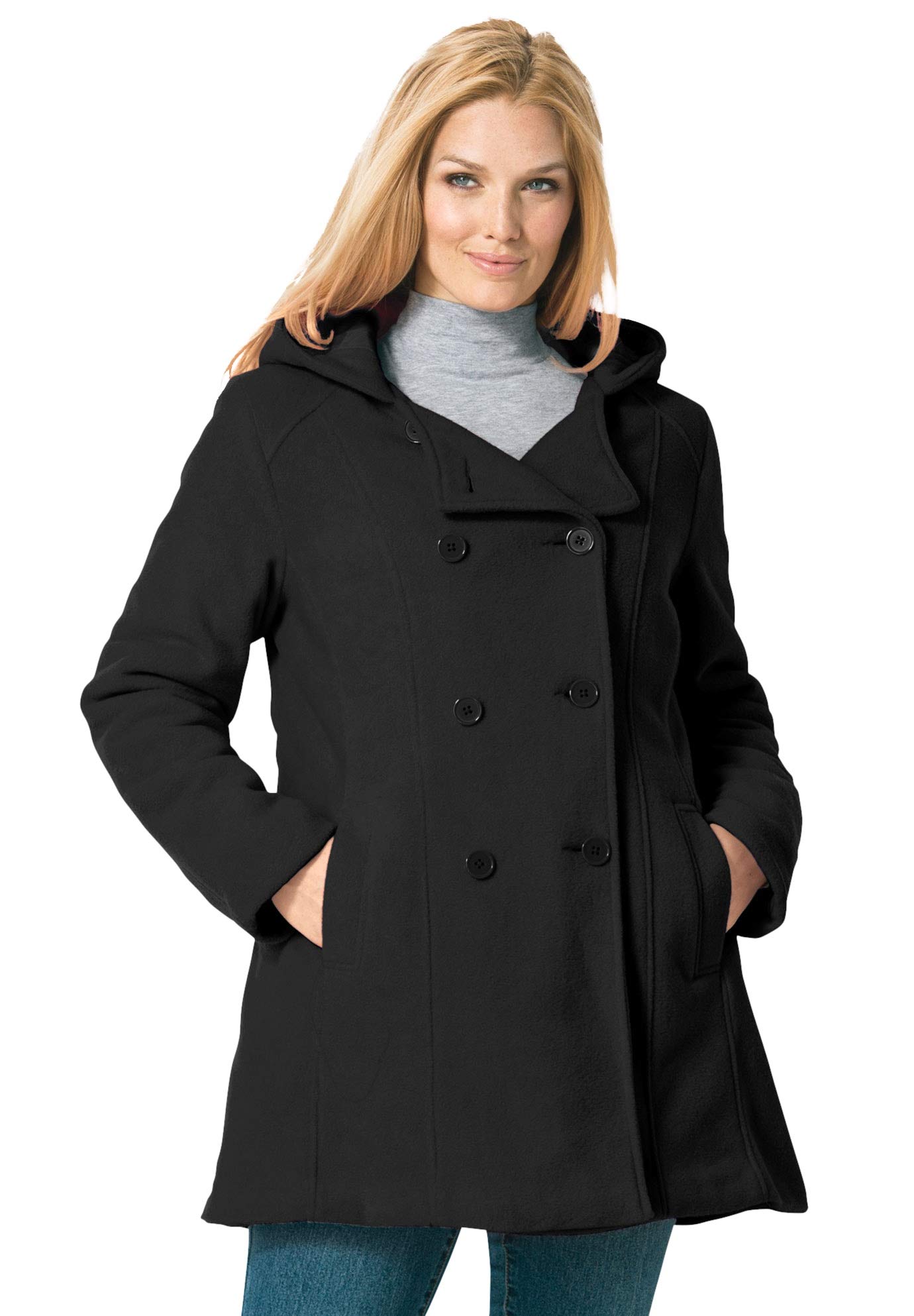 Woman Within Women's Plus Size Double-Breasted Hooded Fleece Peacoat - 22 W, Black
