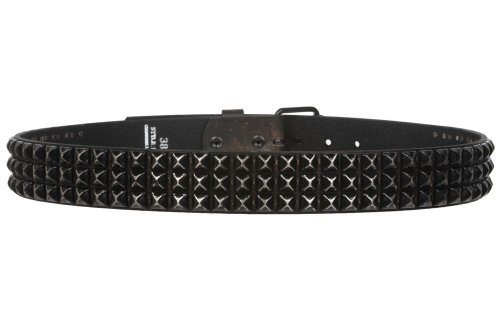 Snap On 1 3/4" Three Row Punk Rock Star Distressed Black Studded Leather Belt, 36"