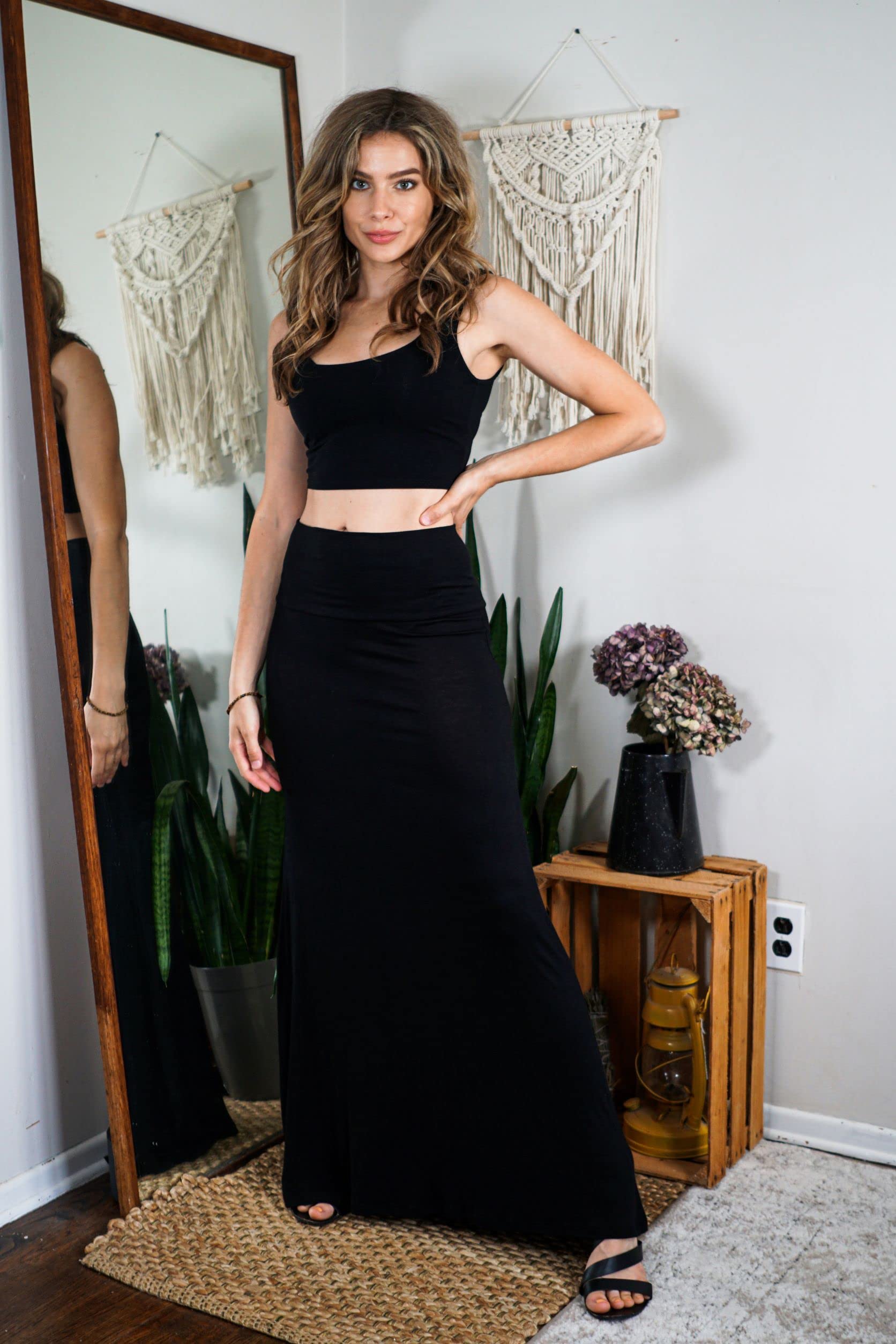 Free to Live 3 Pack Long Skirts for Women Fall Winter Flowy Maxi Skirt High Waist Fold Over (Large, Black, Charcoal, Mocha)