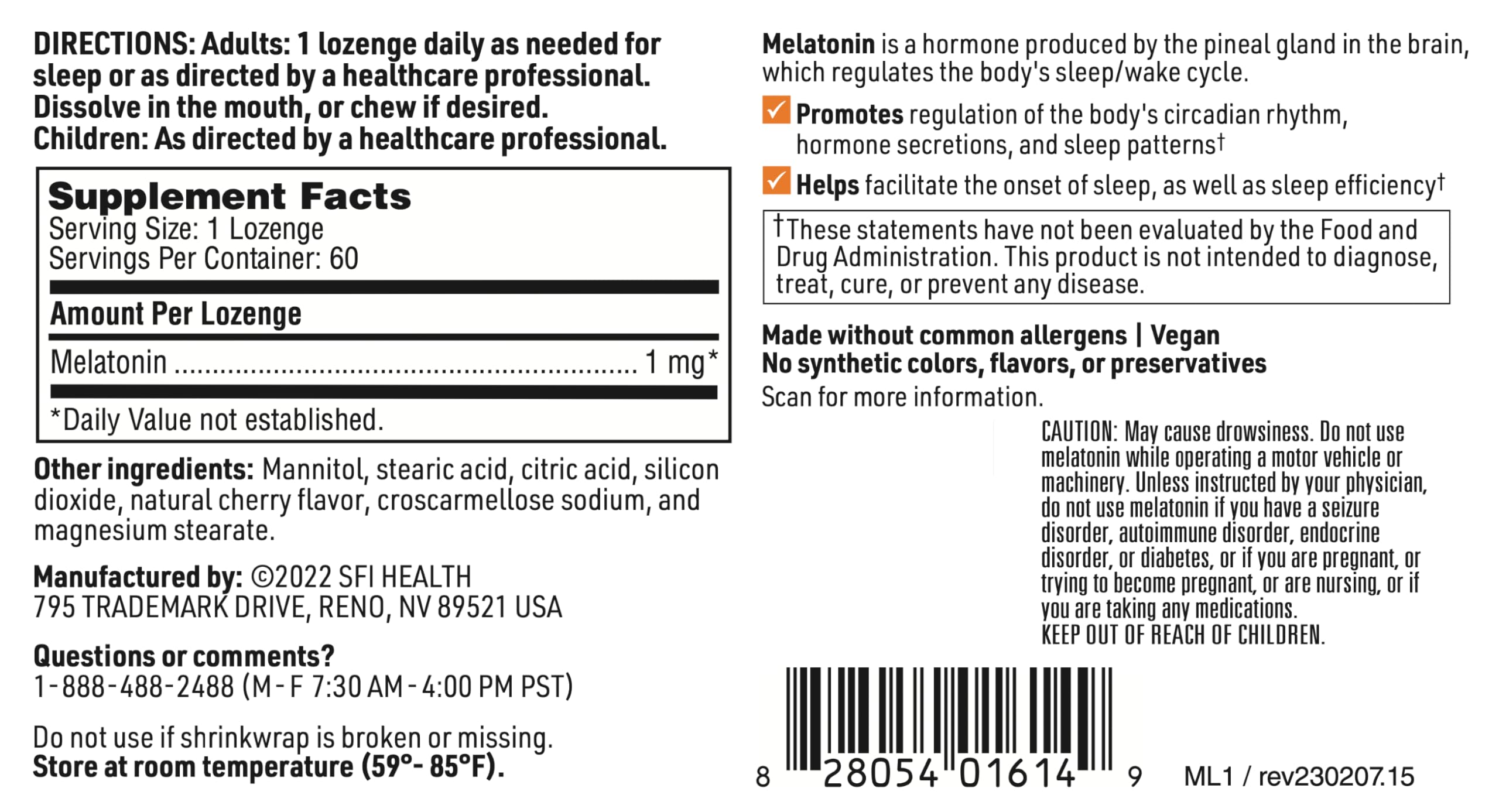 Klaire Labs Melatonin Lozenge - Fast-Dissolving, Quick Release 1 Milligram Melatonin Tablets for Men & Women with Natural Cherry Flavor (60 Dissolvable Tablets)