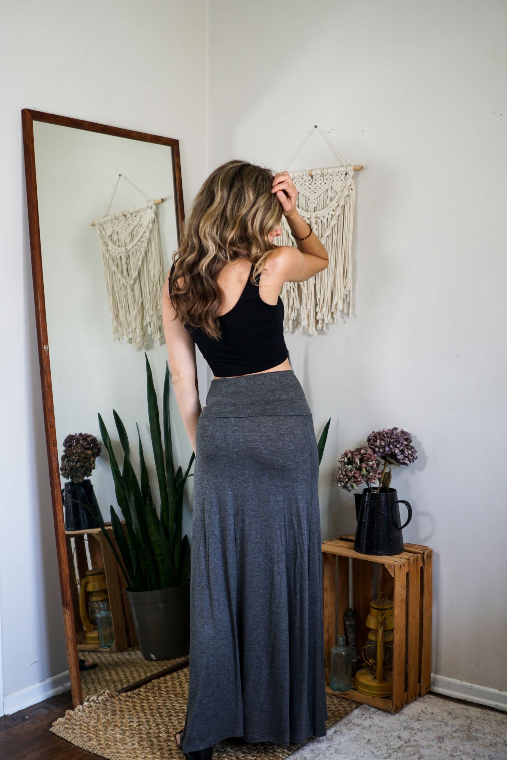 Free to Live 3 Pack Long Skirts for Women Fall Winter Flowy Maxi Skirt High Waist Fold Over (Large, Black, Charcoal, Mocha)