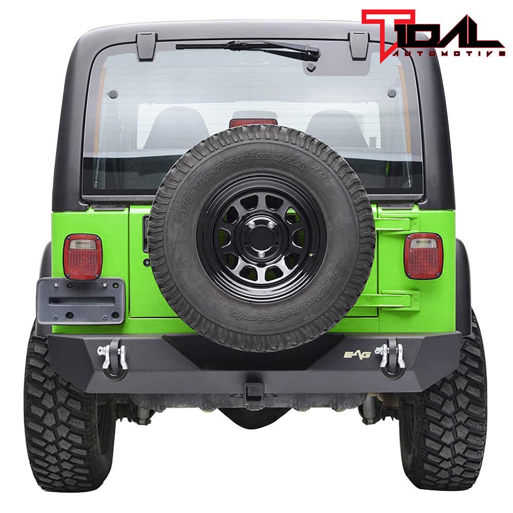 EAG Rear Bumper With 2" Hitch Receiver & 2 D-ring Black Textured Off Road for 87-06 Jeep Wrangler TJ YJ