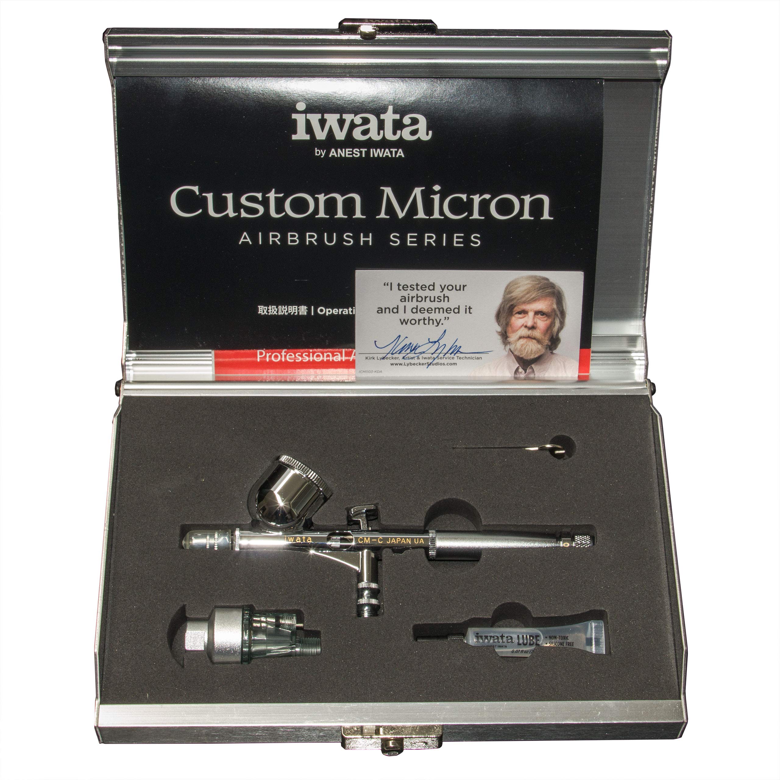 Custom Micron C Airbrush (ICM 4002) Version 2 by Iwata, Features a Square Shaped Trigger, Crown Cap Deck on End of Handle.23mm Needle and Nozzle, Silver