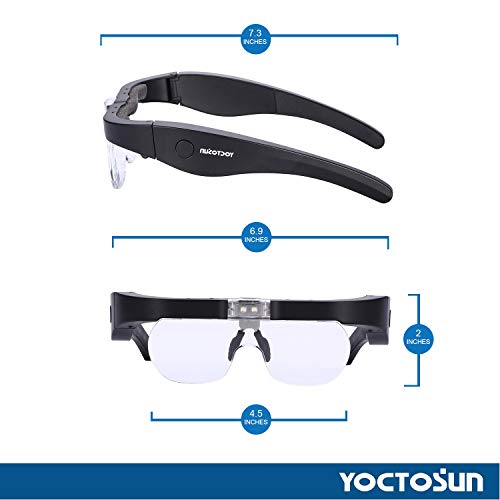 YOCTOSUN Rechargeable Magnifying Glasses, Head Magnifier Glasses with 2 LED Lights and Detachable Lenses 1.5X, 2.5X, 3.5X,5X, Best Eyeglasses Magnifier for Reading and Hobby
