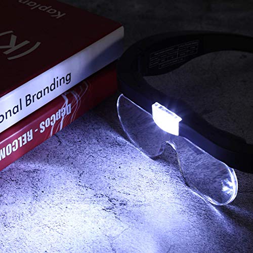 YOCTOSUN Rechargeable Magnifying Glasses, Head Magnifier Glasses with 2 LED Lights and Detachable Lenses 1.5X, 2.5X, 3.5X,5X, Best Eyeglasses Magnifier for Reading and Hobby