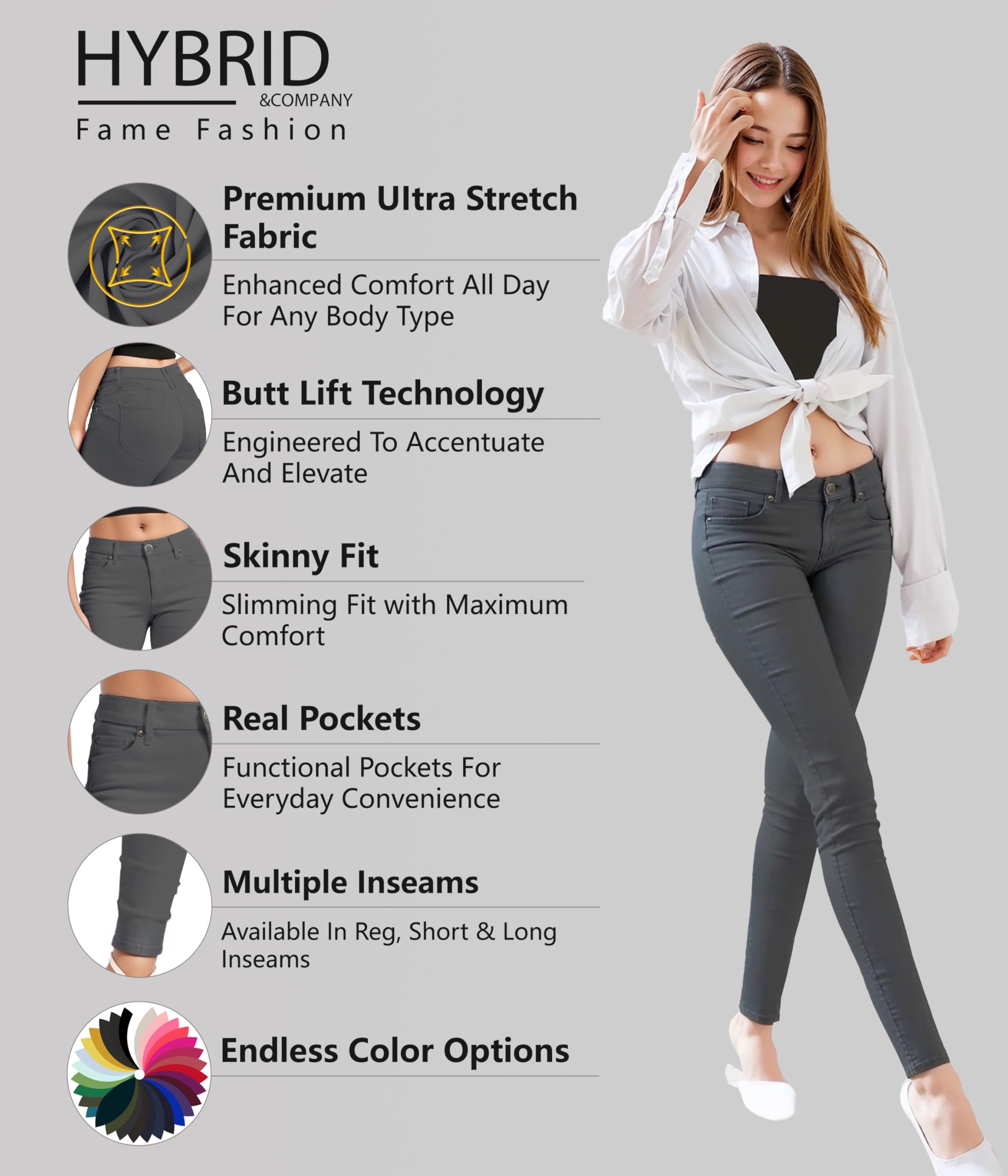Hybrid & Company Women's Butt Lift Stretch Denim Jeans P37370SK Gunmetal 5