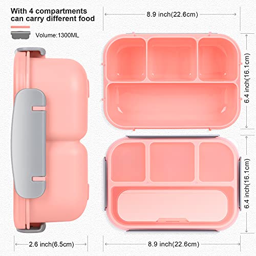 Lunch Box/ Containers for Adults/Kids/Toddler,1300ML-4 Compartment Bento Box,Microwave & Dishwasher & Freezer Safe, BPA Free (Pink)