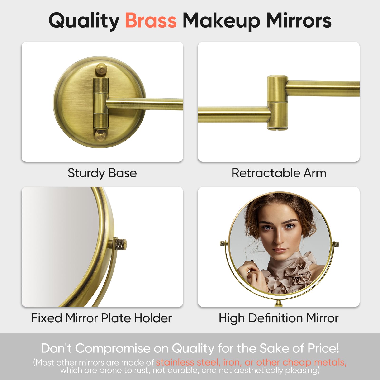 GURUN 8" Wall Mounted Makeup Mirror with 10X Magnification,Two-Sided Swivel Bathroom Mirror,Antique Satin Brass Finish M1306K(8in,10x)