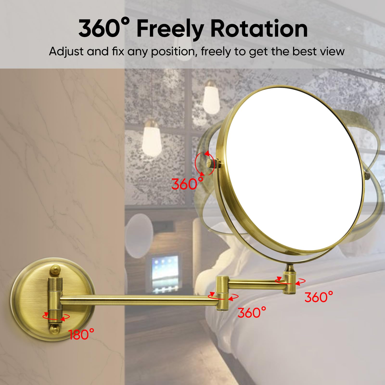 GURUN 8" Wall Mounted Makeup Mirror with 10X Magnification,Two-Sided Swivel Bathroom Mirror,Antique Satin Brass Finish M1306K(8in,10x)