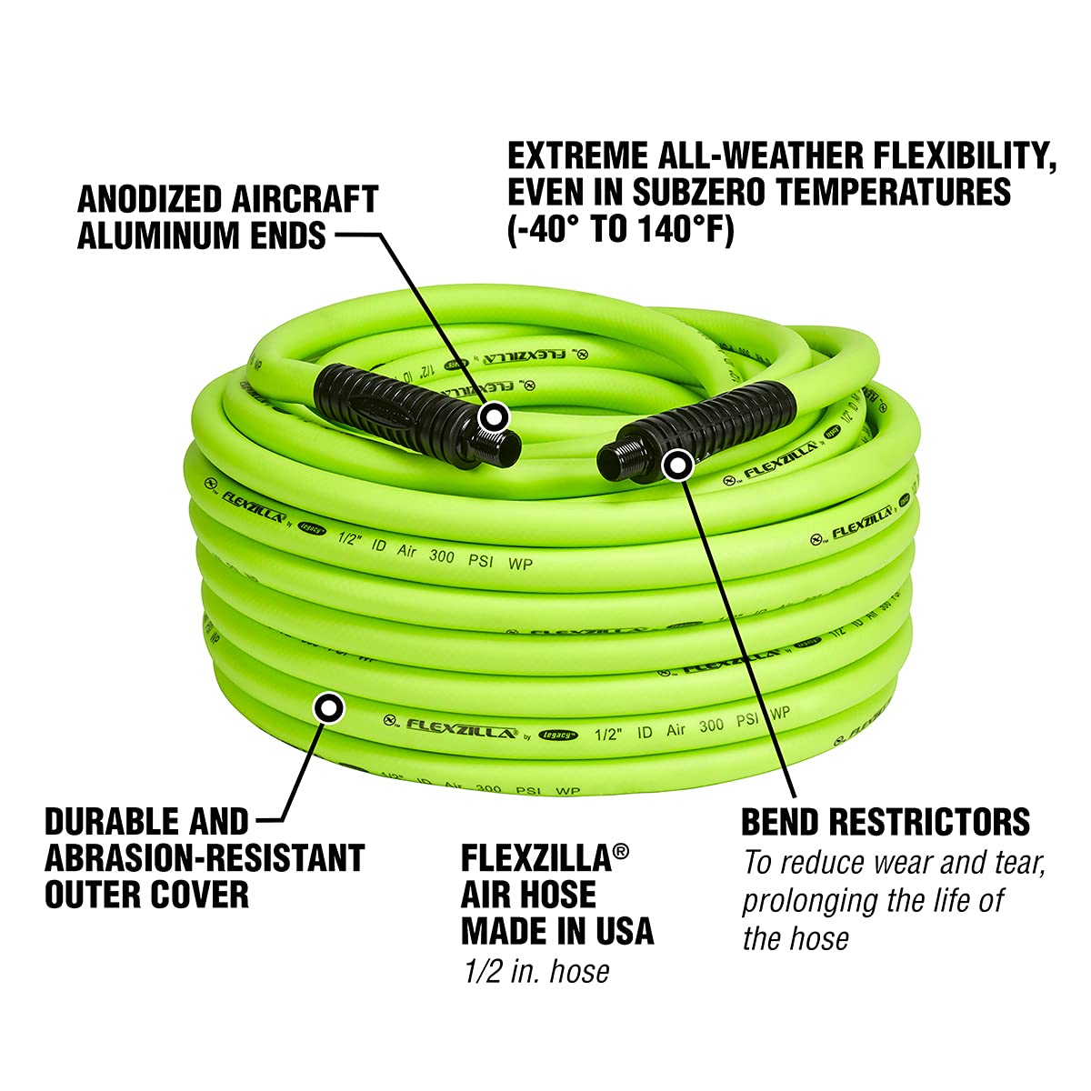 Flexzilla Air Hose, 1/2 in. x 100 ft., 1/2 in. MNPT Fittings, Heavy Duty, Lightweight, Hybrid, ZillaGreen - HFZ12100YW4