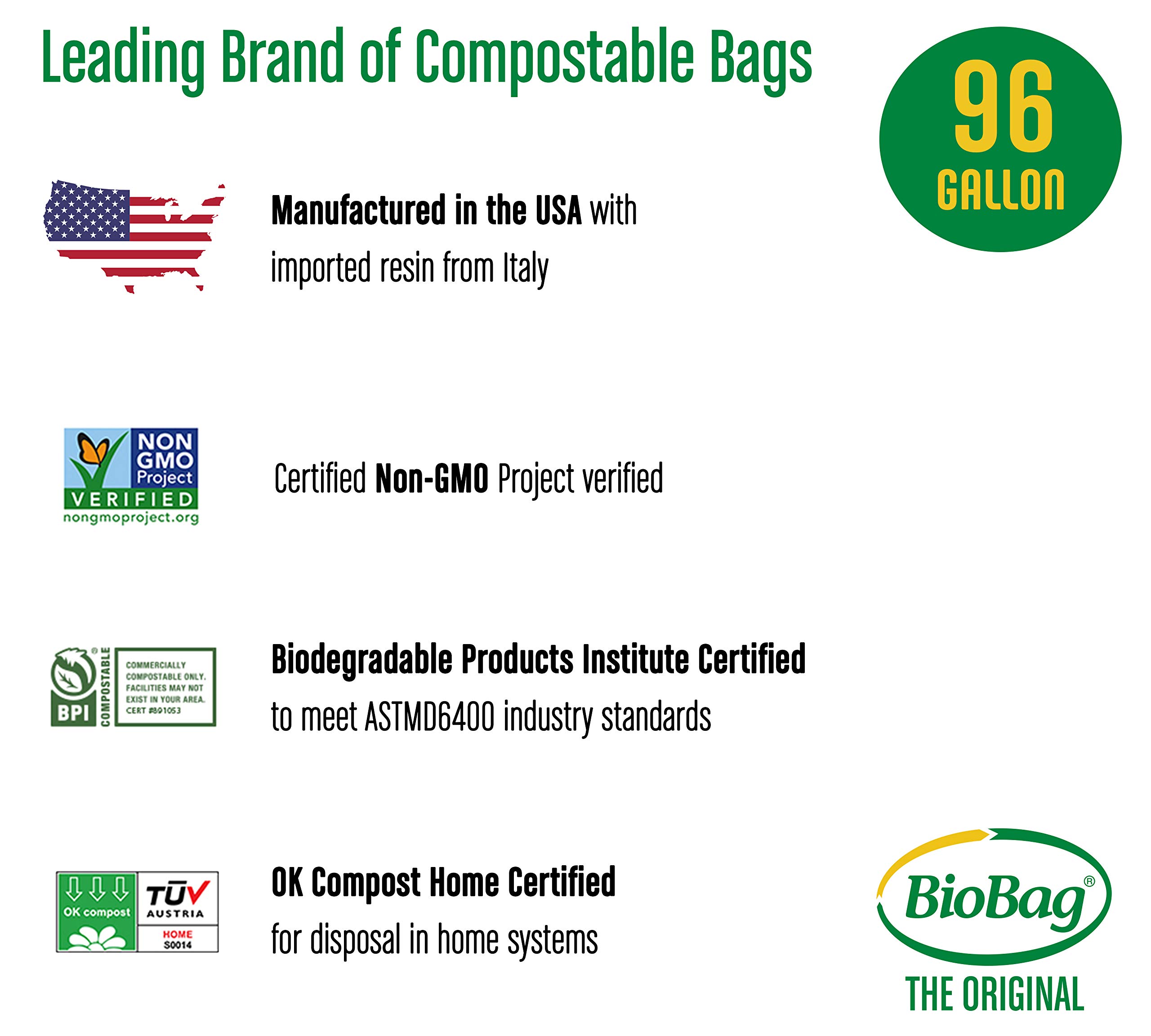 BioBag (USA) The Original Compostable Bag, 96 Gallon, 60 Count, 100% Certified Compostable Trash Bag Liners for Food Waste, Extra Strong and Durable, Trash Bag