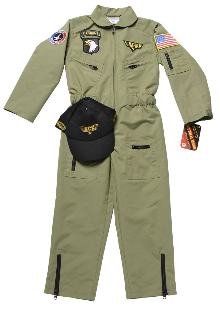 Aeromax Jr. Fighter Pilot Suit with Embroidered Cap, Size 4/6. Olive (Military) Green