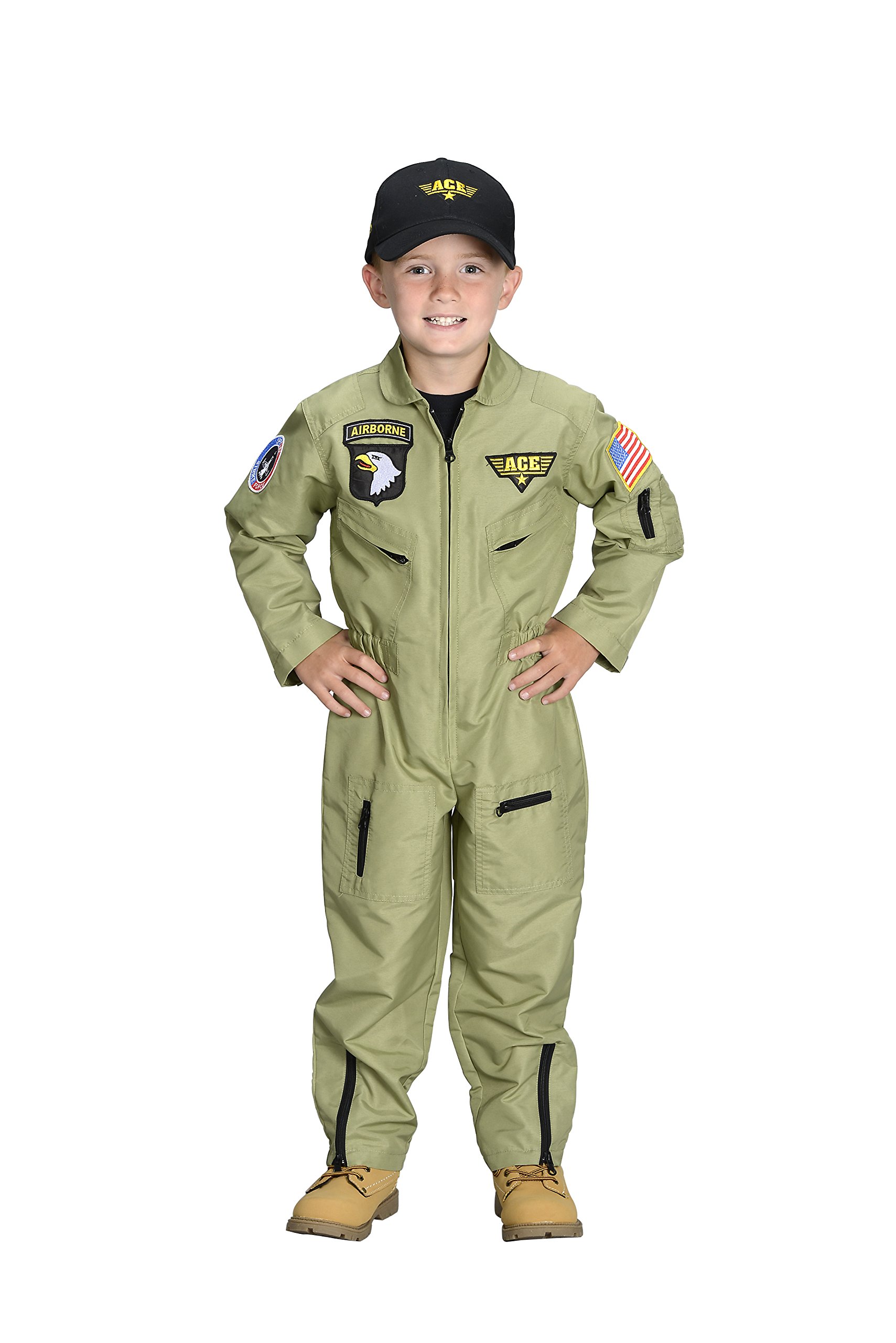 Aeromax Jr. Fighter Pilot Suit with Embroidered Cap, Size 4/6. Olive (Military) Green