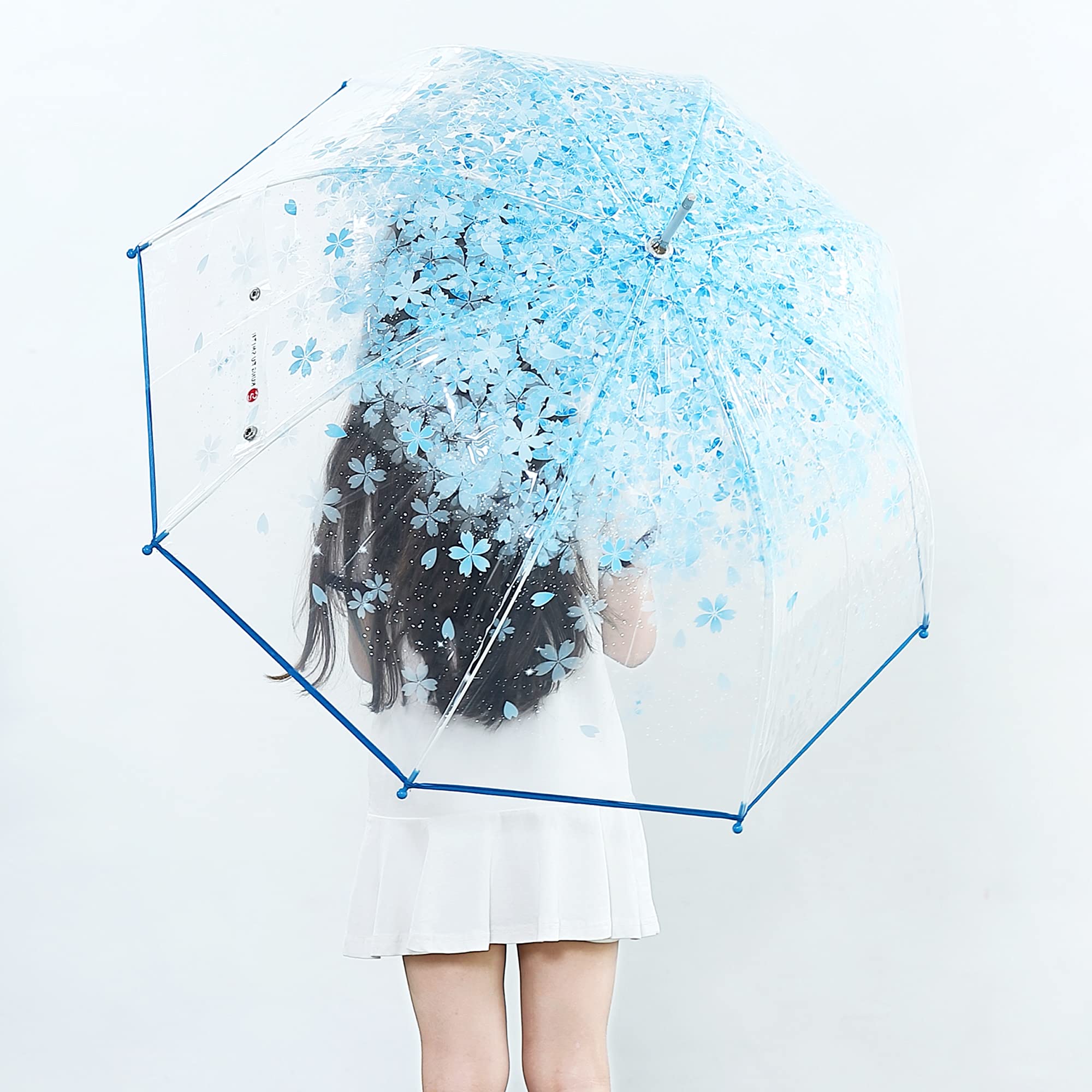 Kung Fu Smith Women Half Automatic Clear Flower Bubble Dome Shape Wind Stick Rain Umbrella, Blue