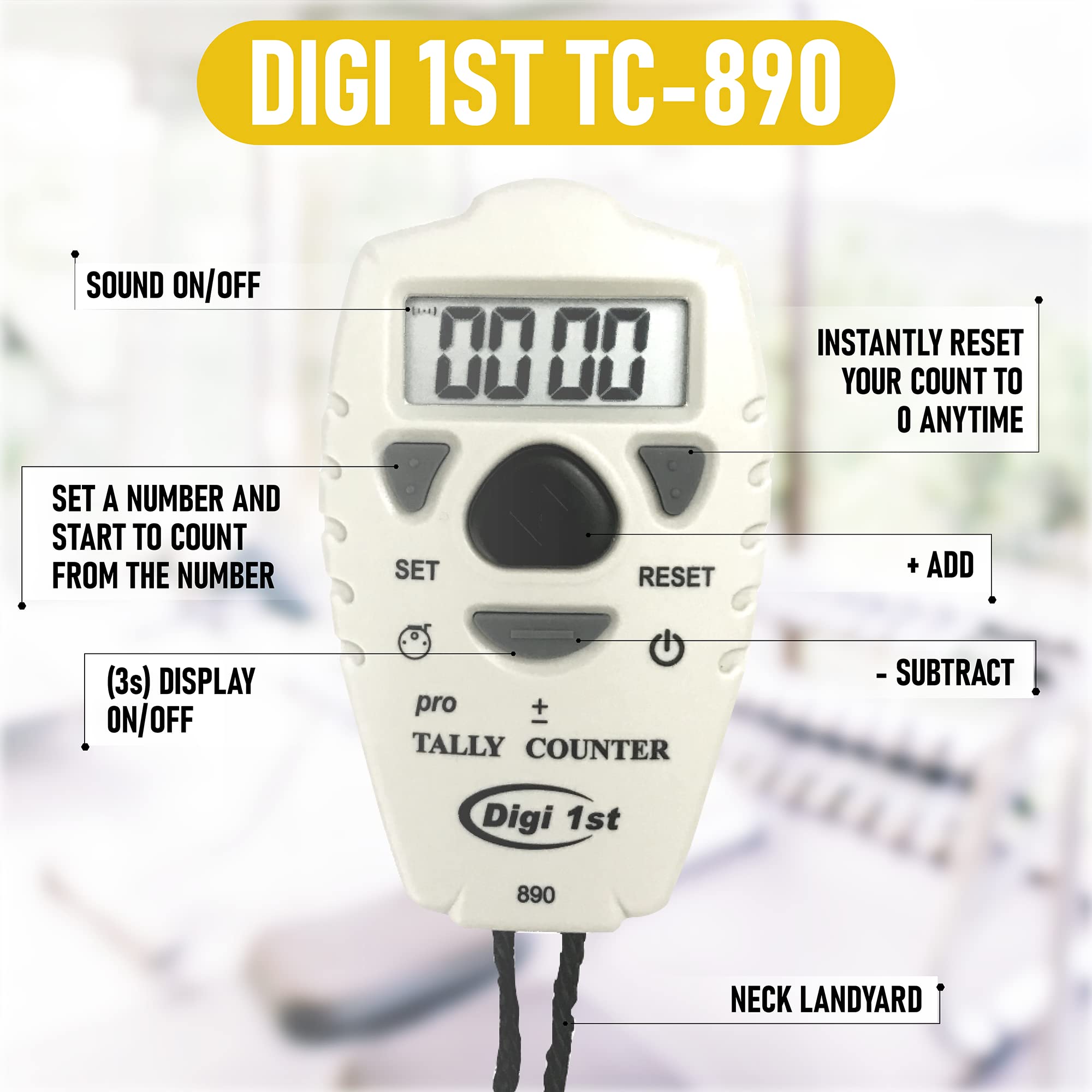 Digi 1st TC-890 Digital Tally Counter, Electronic Up Down Clicker Counter, Add/Subtract People Counter, Handheld Pitch Counter for Golf, Lap & Knitting (1-Pack)