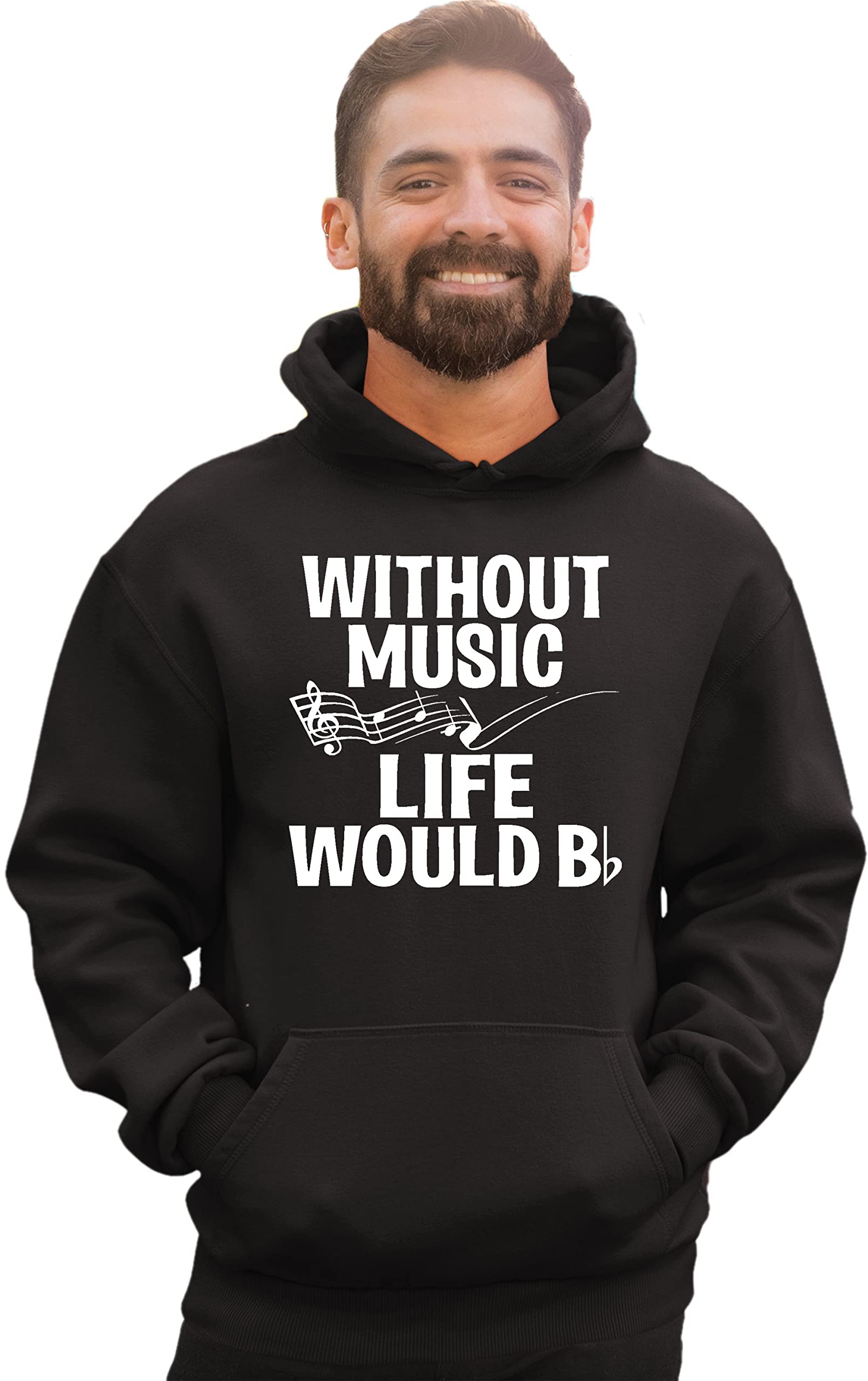 Go All Out Large Black Mens Without Music Life Would B Flat Funny Music Lovers Sweatshirt Hoodie