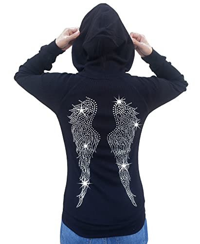 Interstate Apparel Inc Juniors Huge Angel Wings Rhinestone Thermal Zipper Hoodie Black S-XL (L (Juniors), Black)