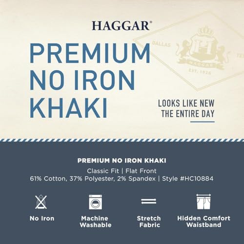 Haggar mens Premium No Iron Khaki Classic Fit Expandable Waist Flat Front dress pants, Black, 42W x 30L US