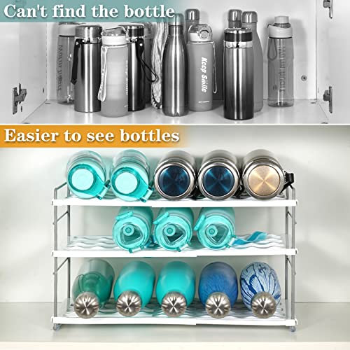 Water Bottle Organizer For Cabinet, Expandable Water Bottle Holder Rack, Adjustable Tumbler Storage For Kitchen Organization, 3 Tier Cup Organizer For Sports Flask Insulated Travel Mug Fridge, White