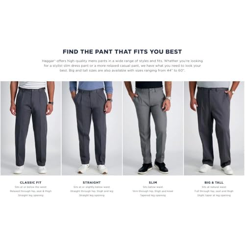 Haggar mens Premium No Iron Khaki Classic Fit Expandable Waist Flat Front dress pants, Black, 42W x 30L US