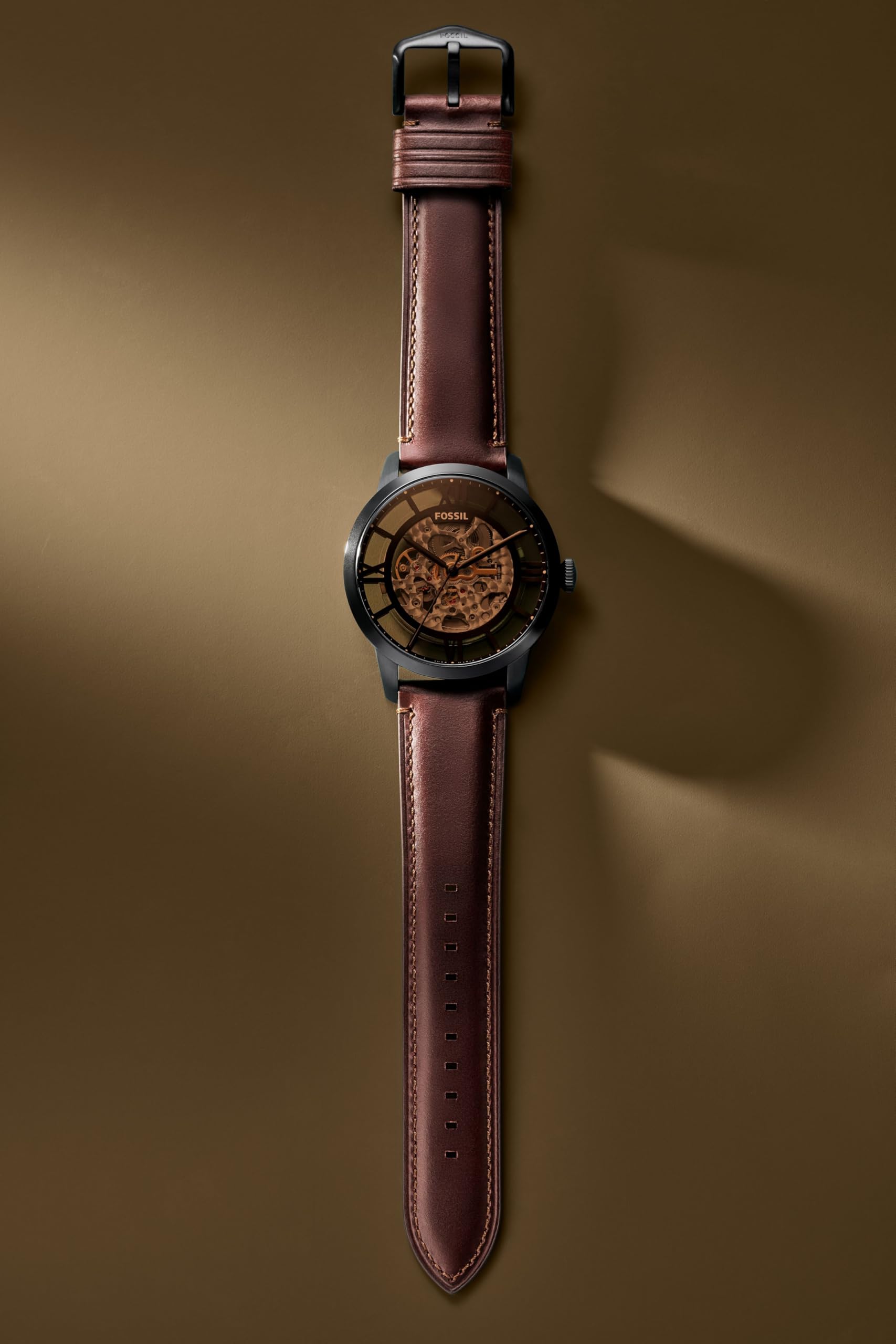 Fossil Men's Townsman Automatic Stainless Steel and Leather Three-Hand Skeleton Watch, Color: Black, Cognac (Model: ME3098)