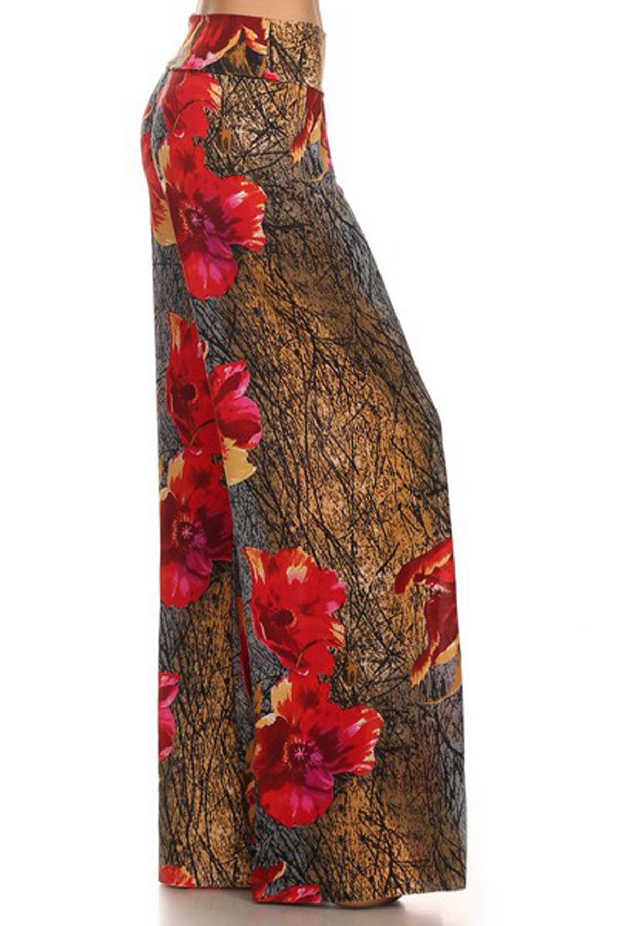 YELETE Women's High Waist Full Length Wide Leg Palazzo Pants with Fold Over Waist Band(Wild Flower-Large)
