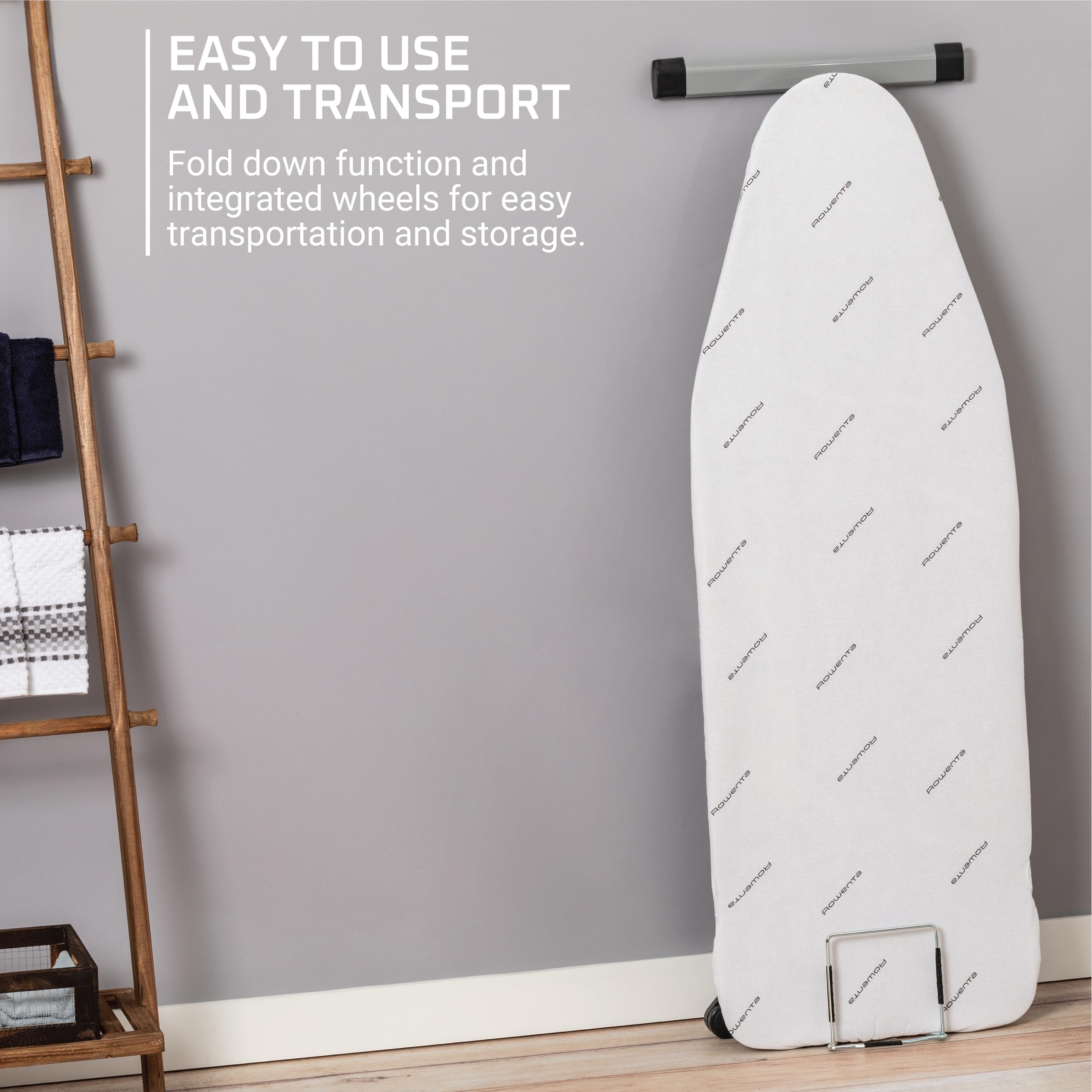 Rowenta Pro Compact Ironing Board with Hanger Rack 18 x 54 Inches Space Saving, Folding, 4 Legs IB9100,Beige