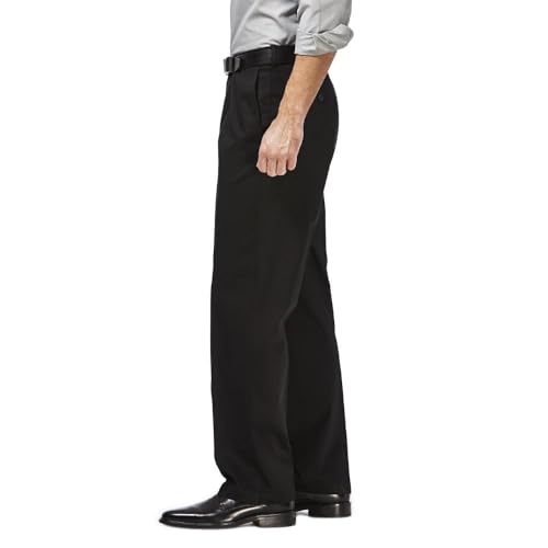 Haggar mens Premium No Iron Khaki Classic Fit Expandable Waist Flat Front dress pants, Black, 42W x 30L US