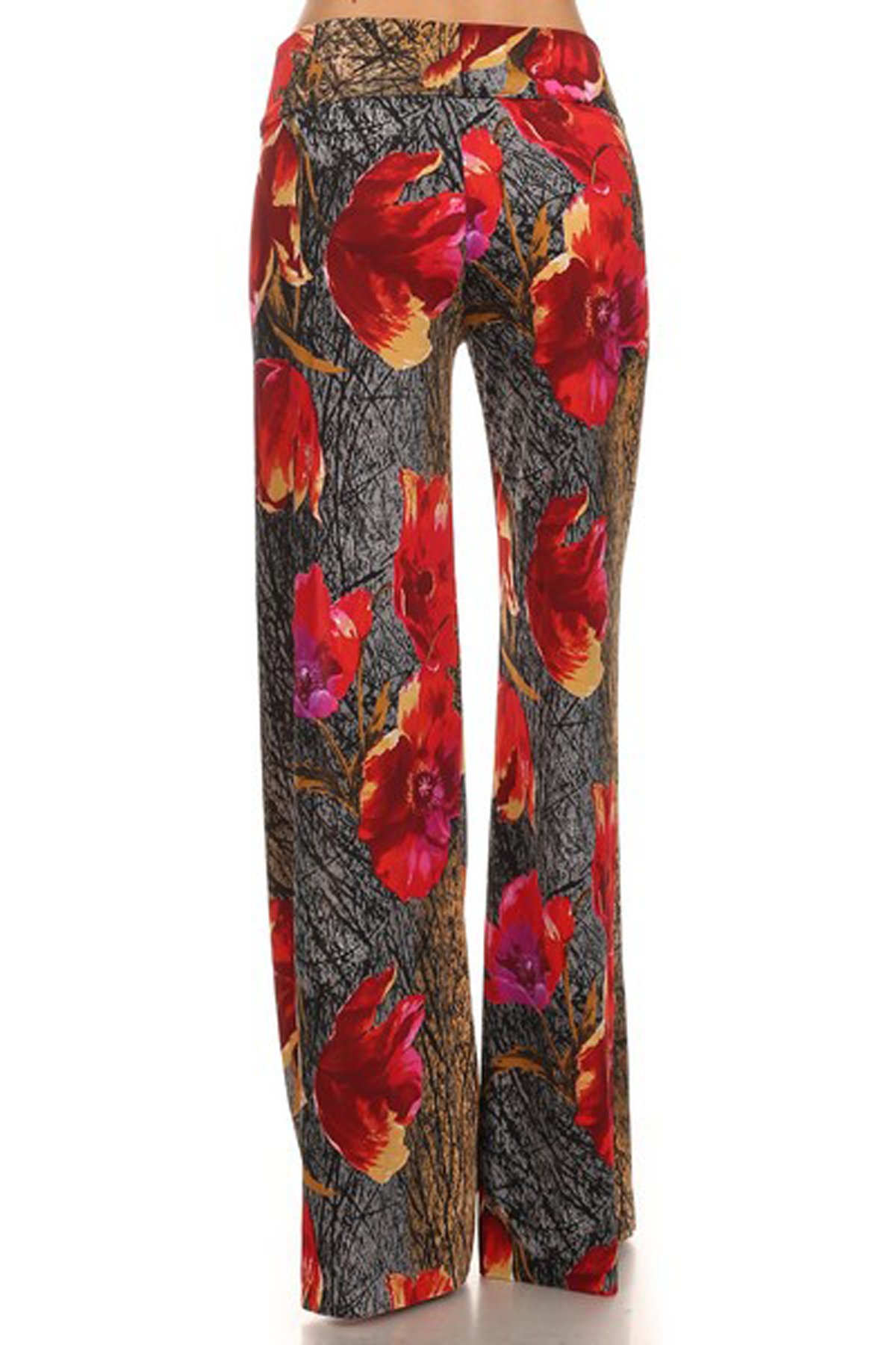 YELETE Women's High Waist Full Length Wide Leg Palazzo Pants with Fold Over Waist Band(Wild Flower-Large)