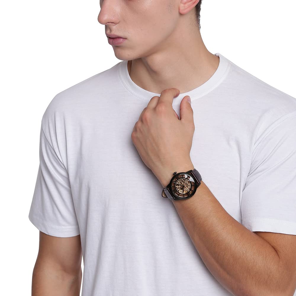 Fossil Men's Townsman Automatic Stainless Steel and Leather Three-Hand Skeleton Watch, Color: Black, Cognac (Model: ME3098)