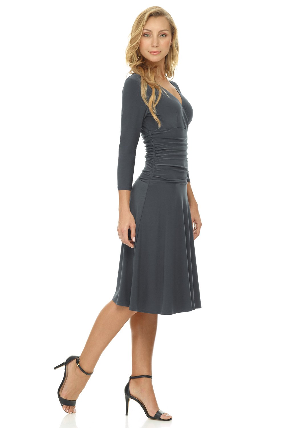 Rekucci Women's Slimming 3/4 Sleeve Fit-and-Flare Crossover Tummy Control Dress (4, Charcoal)