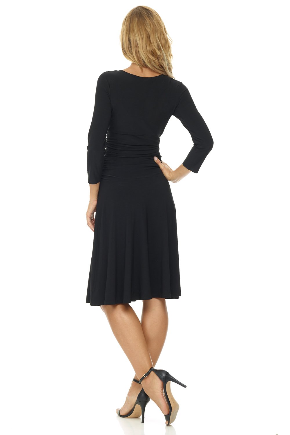 Rekucci Women's Slimming 3/4 Sleeve Fit-and-Flare Crossover Tummy Control Dress (16, Black)