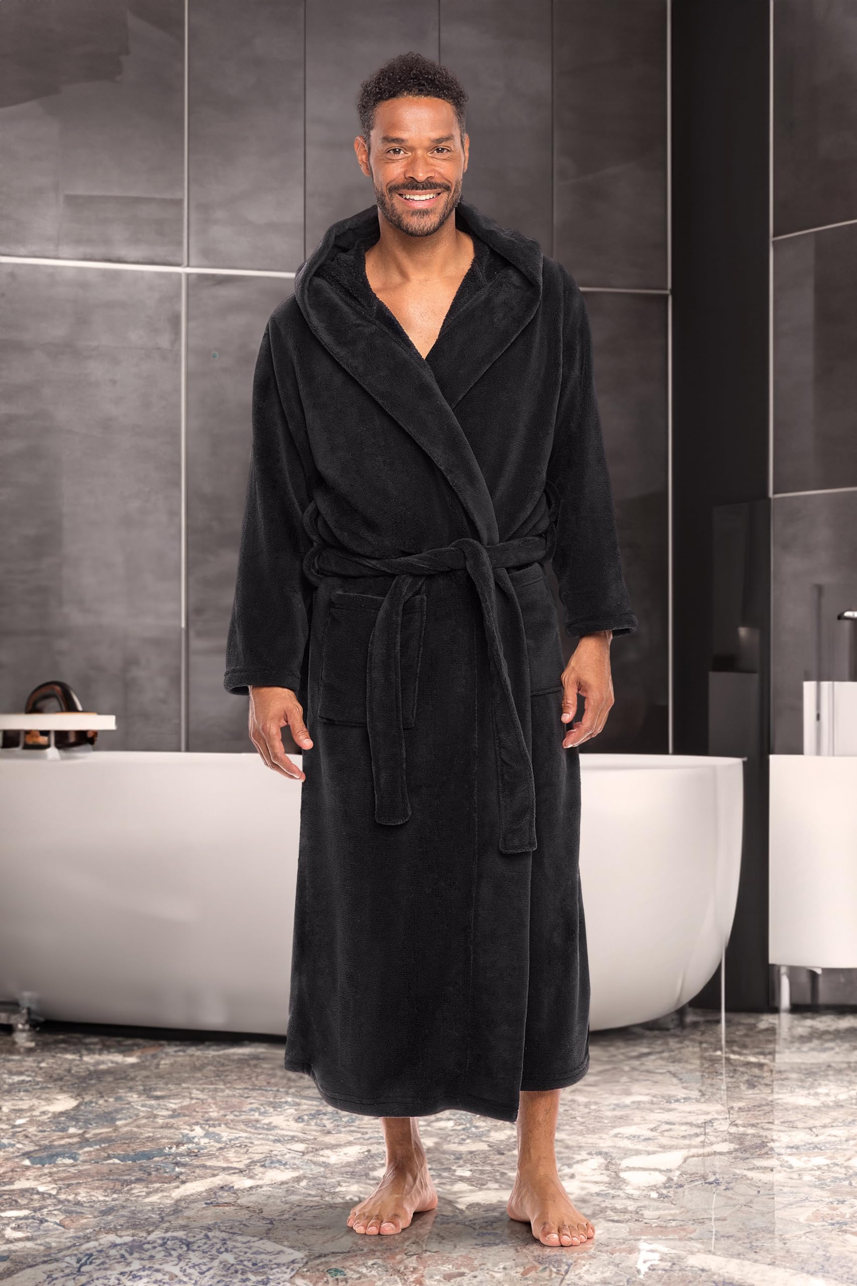 Alexander Del Rossa Mens Robe, Plush Fleece Hooded Bathrobe Men, Men's Bathrobes, Big and Tall Bath Robe for Men Black XL (A0125BLKXL)