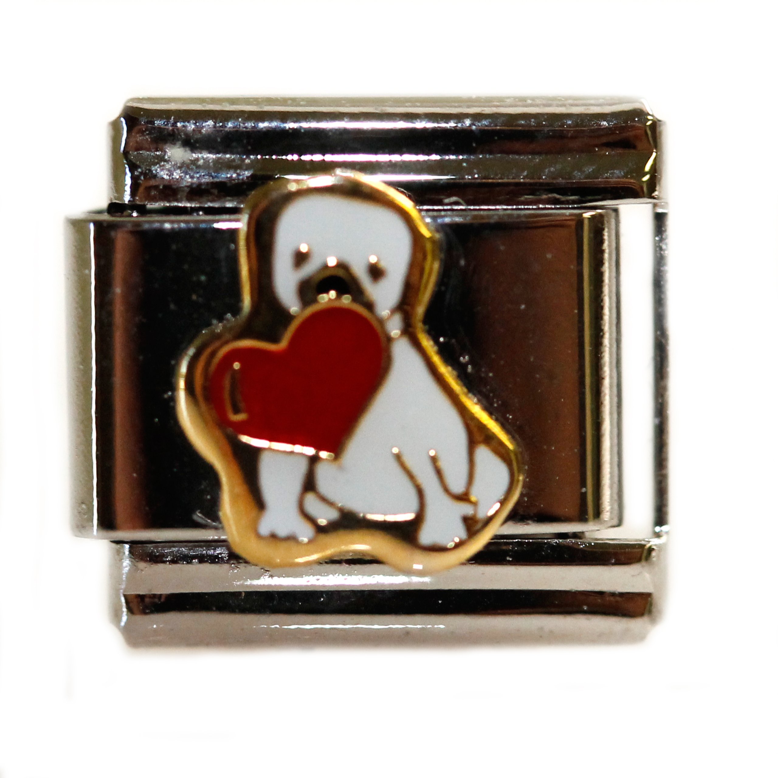 Sexy Sparkles Cute Dog with Red Heart Italian Link Bracelet Charm