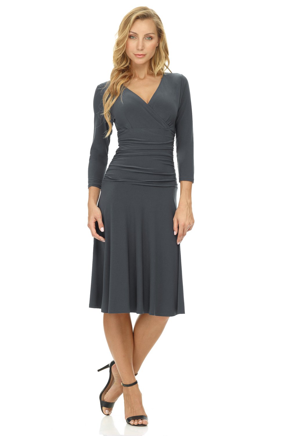 Rekucci Women's Slimming 3/4 Sleeve Fit-and-Flare Crossover Tummy Control Dress (4, Charcoal)
