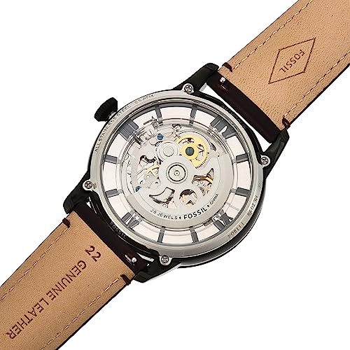 Fossil Men's Townsman Automatic Stainless Steel and Leather Three-Hand Skeleton Watch, Color: Black, Cognac (Model: ME3098)