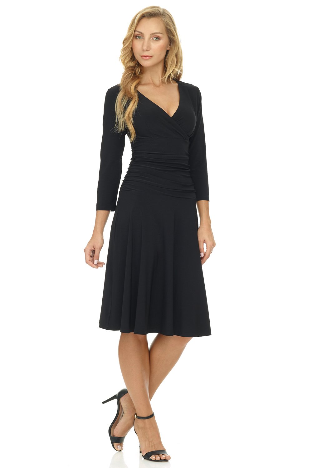 Rekucci Women's Slimming 3/4 Sleeve Fit-and-Flare Crossover Tummy Control Dress (16, Black)