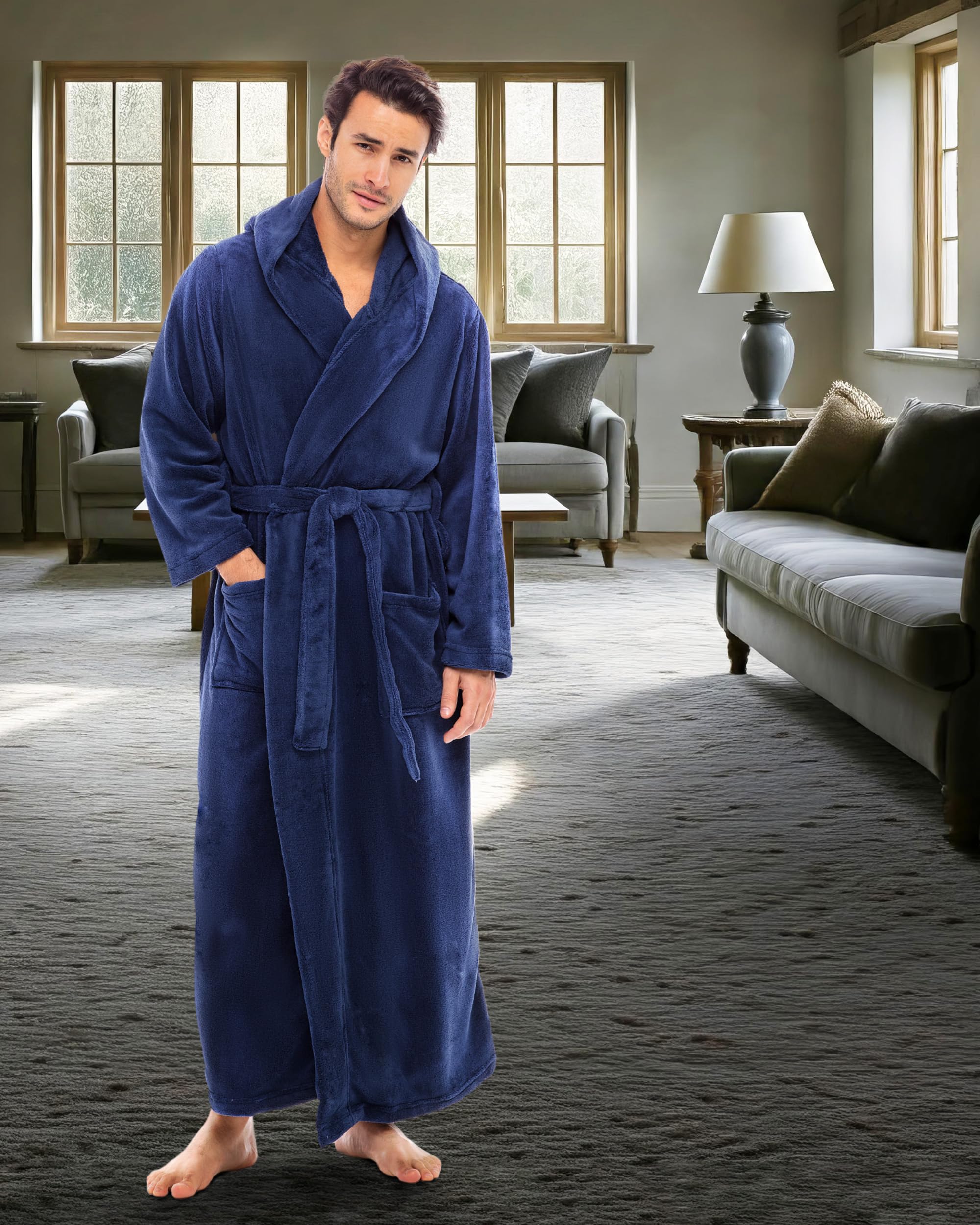 Alexander Del Rossa Mens Robe, Plush Fleece Hooded Bathrobe Men, Men's Bathrobes, Big and Tall Bath Robe for Men Navy Blue 2XL (A0125NBL2X)