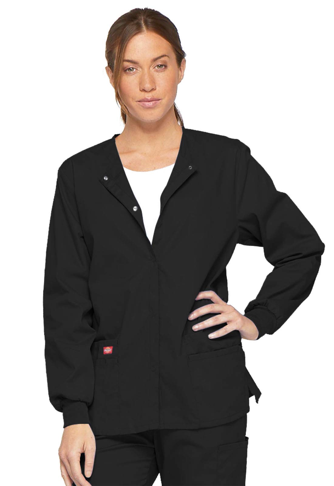Dickies Women's EDS Signature Scrubs Missy Fit Snap Front Warm-Up Jacket, Black, Large