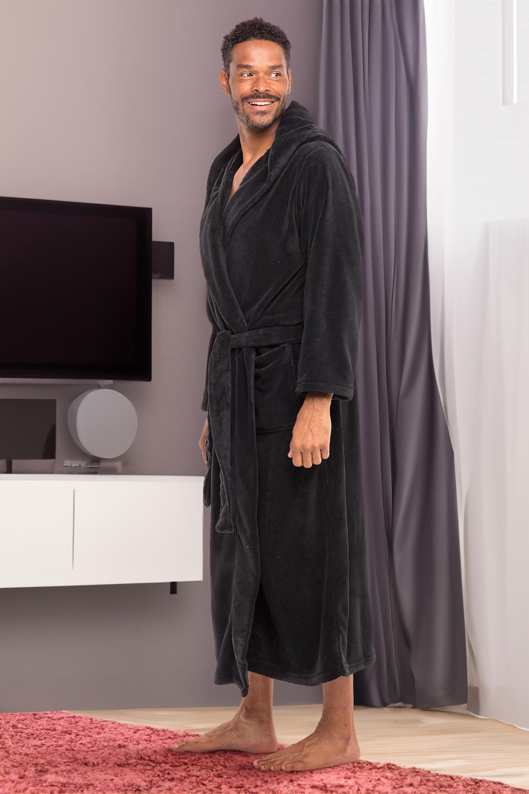 Alexander Del Rossa Mens Robe, Plush Fleece Hooded Bathrobe Men, Men's Bathrobes, Big and Tall Bath Robe for Men Black XL (A0125BLKXL)