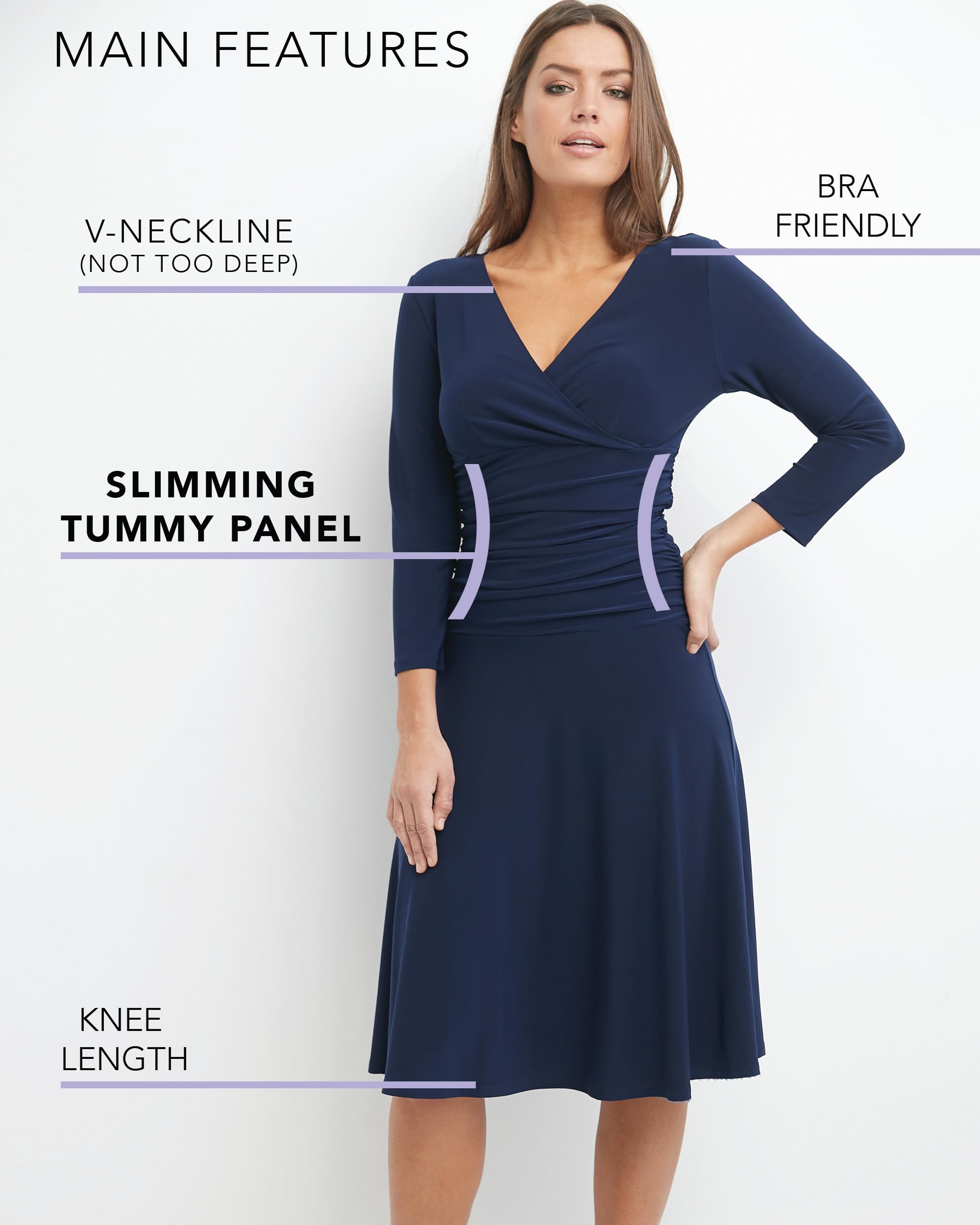 Rekucci Women's Slimming 3/4 Sleeve Fit-and-Flare Crossover Tummy Control Dress (16, Black)