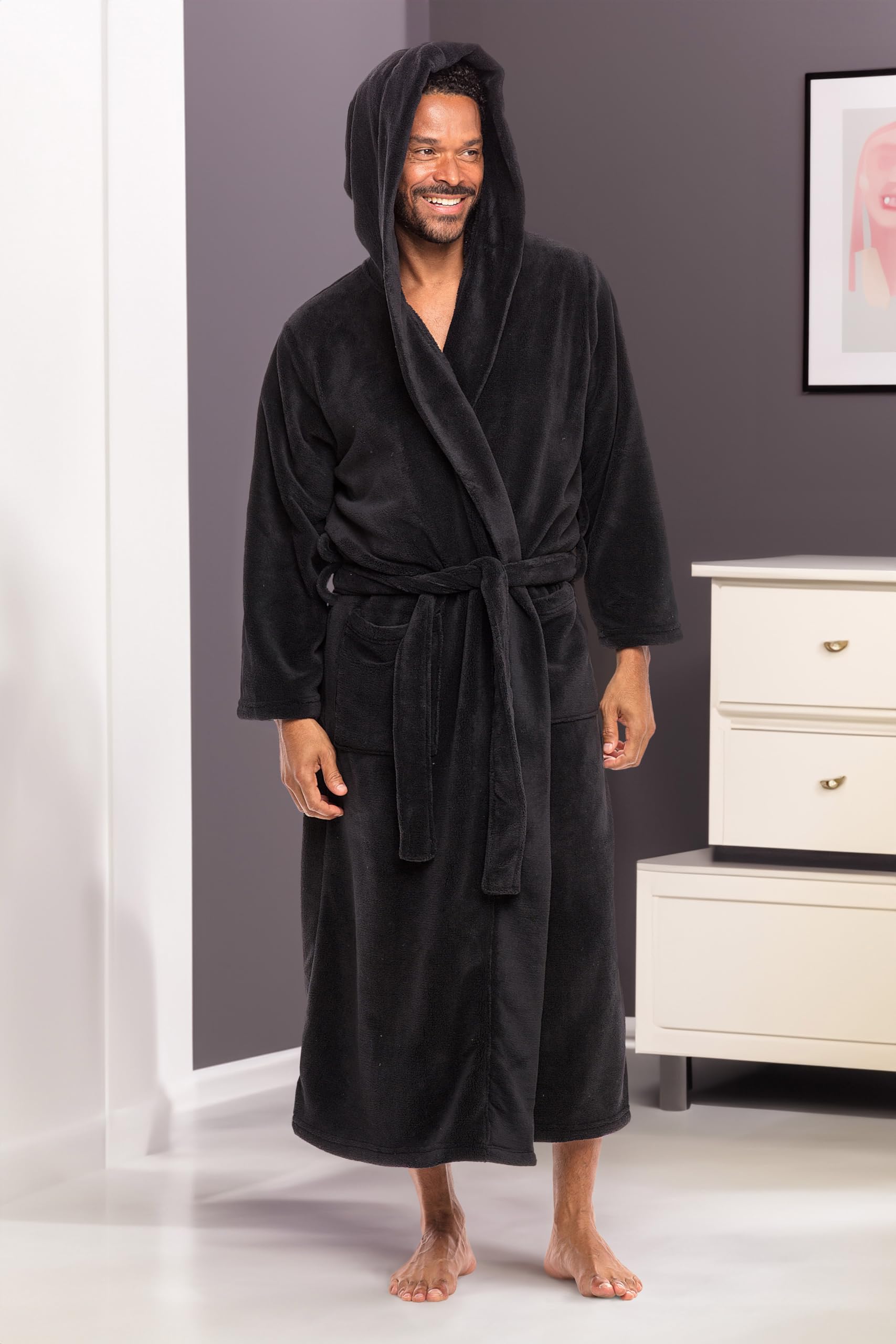 Alexander Del Rossa Mens Robe, Plush Fleece Hooded Bathrobe Men, Men's Bathrobes, Big and Tall Bath Robe for Men Black XL (A0125BLKXL)