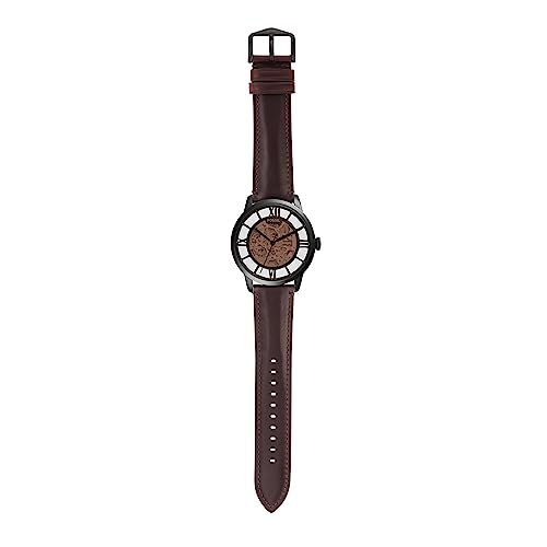Fossil Men's Townsman Automatic Stainless Steel and Leather Three-Hand Skeleton Watch, Color: Black, Cognac (Model: ME3098)