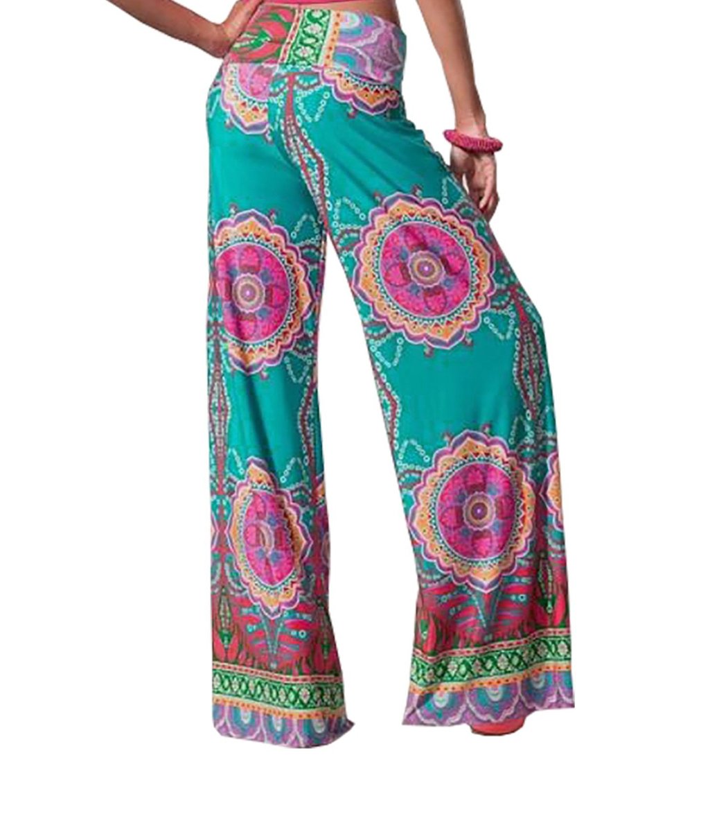 Womens Fold Over Waist Wide Leg Palazzo Pants (M, Teal Tropical)