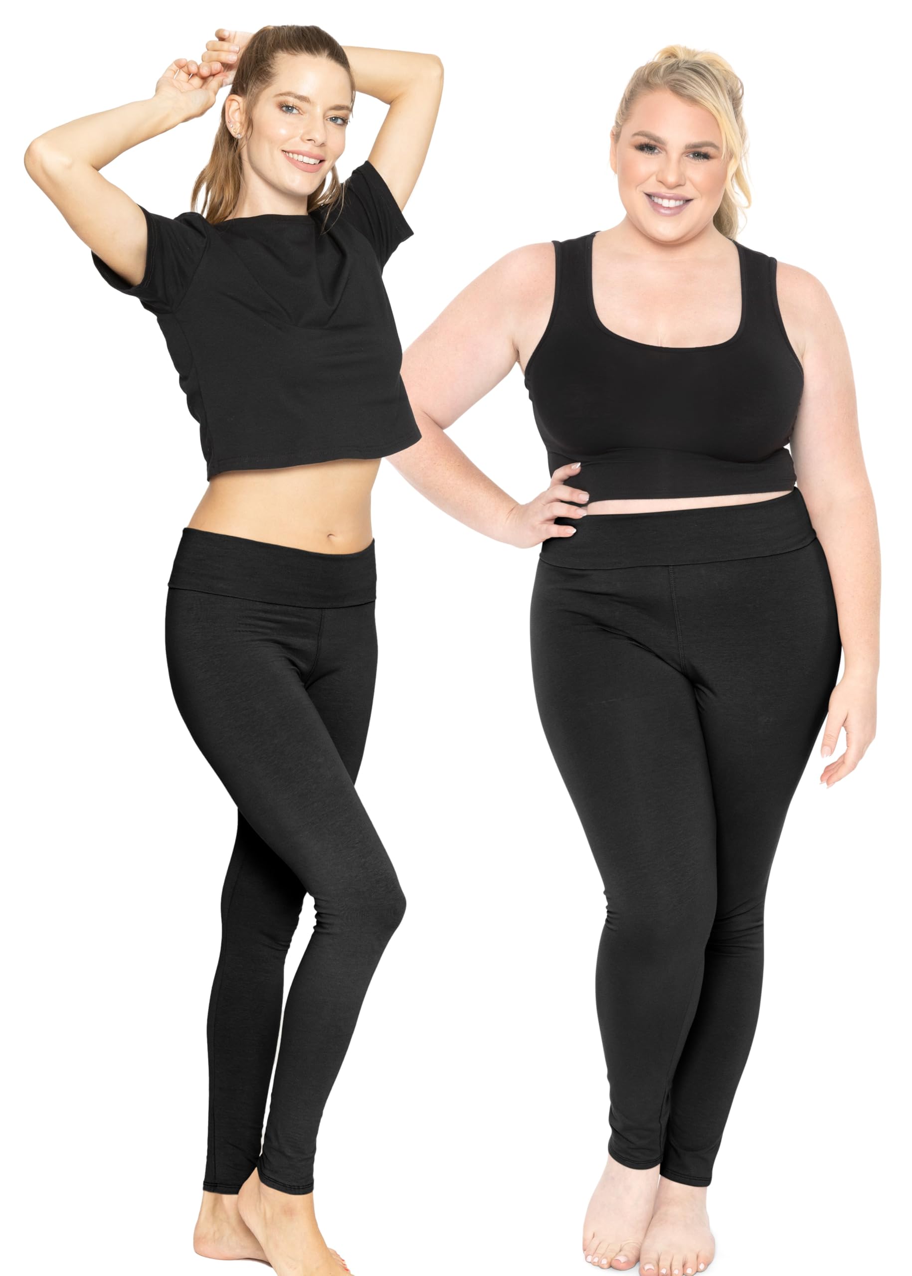 STRETCH IS COMFORT Women's Cotton Foldover Full Length Leggings Black Large
